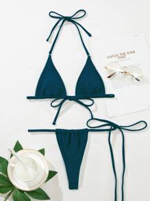 SHEIN Swim Summer Beach Solid Bikini Set Micro Triangle Bra & Thong ...