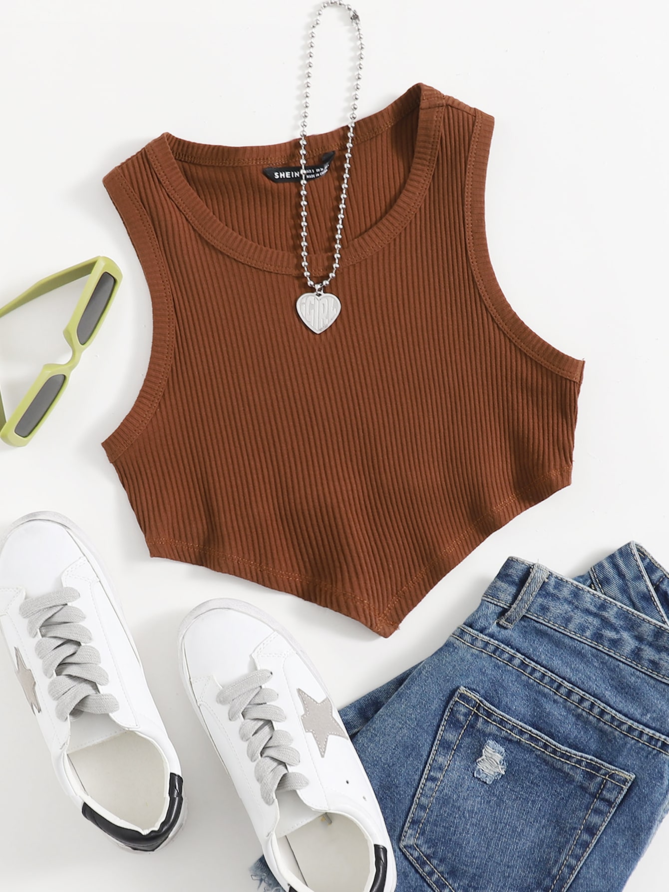 Asymmetrical Hem Rib-knit Crop Tank Top