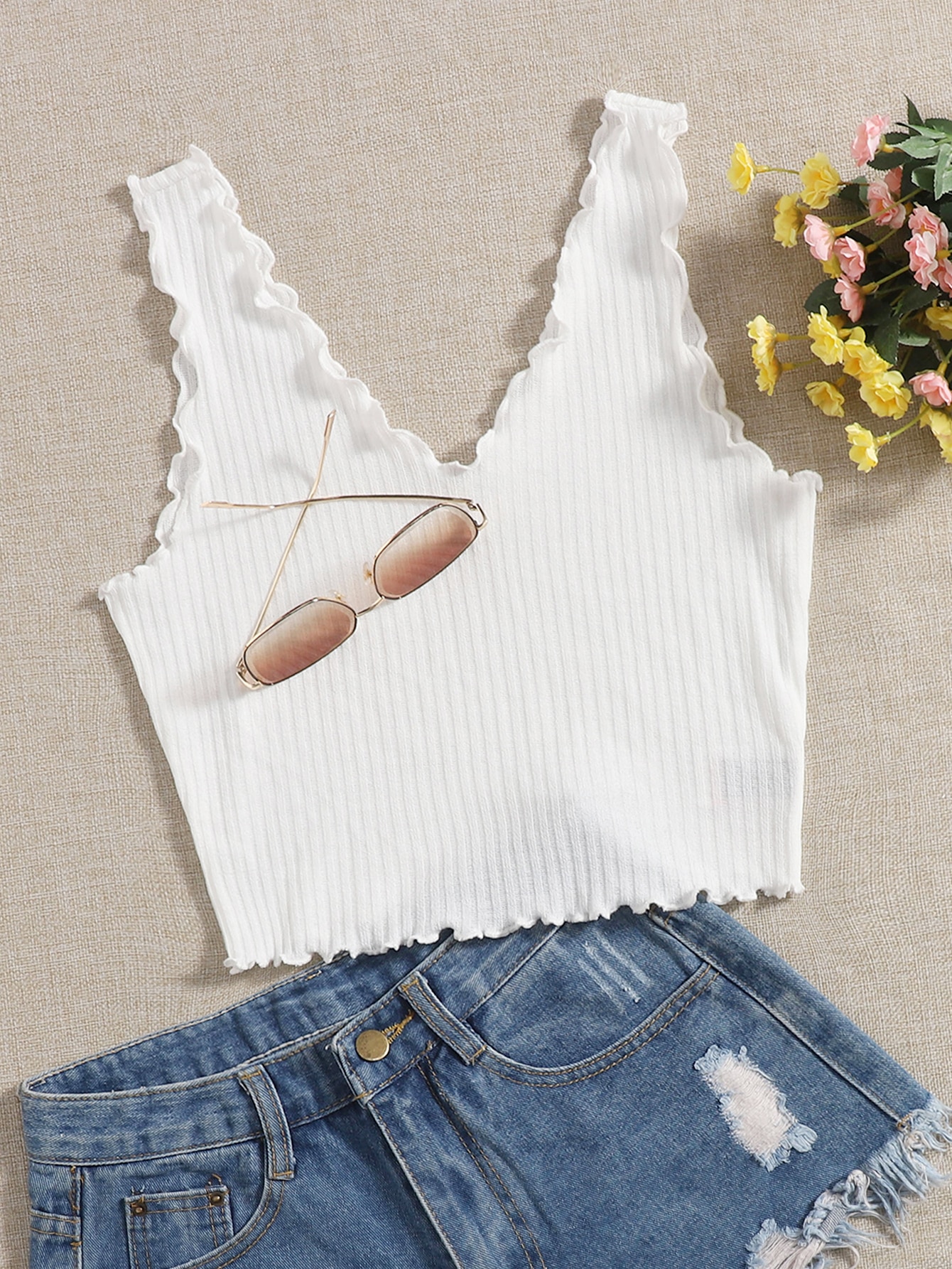 Shein Ezwear Solid Rib Knit Lettuce Trim Tank Top Shein Usa