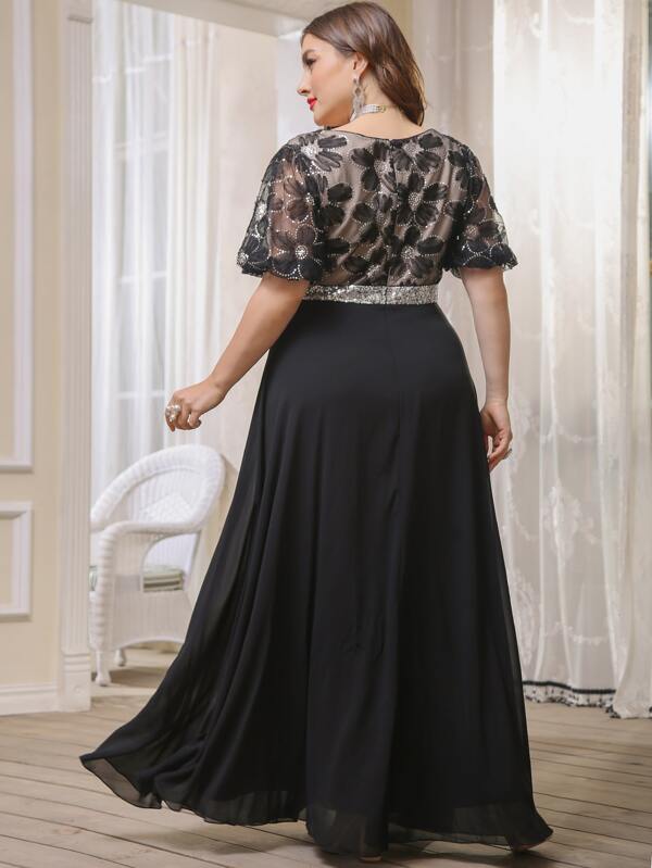 SHEIN Belle Plus Chiffon Sequin Detail Mesh Panel Prom Dress | SHEIN USA