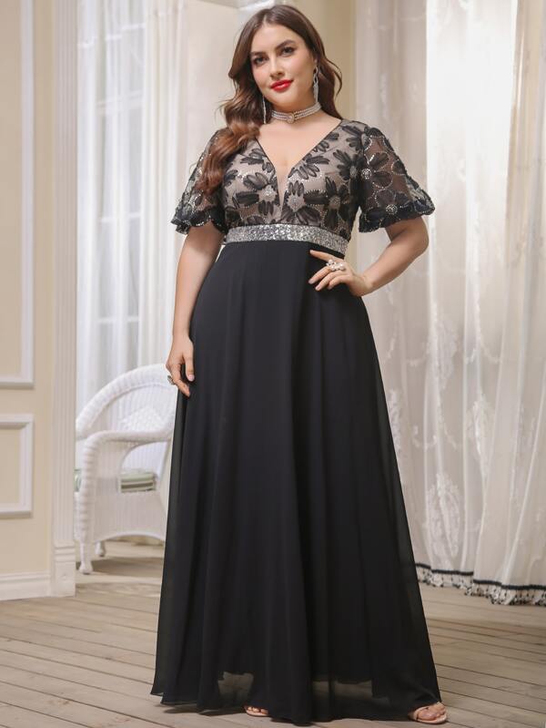 SHEIN Belle Vestido de fiesta panel con malla con lentejuela de gasa | Moda de Mujer | SHEIN México