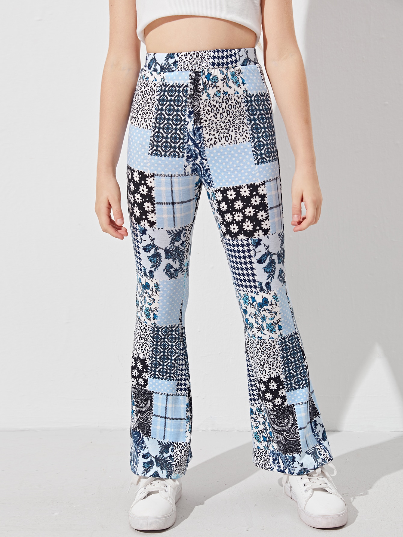 Girls Flare Leg Patchwork Print Pants