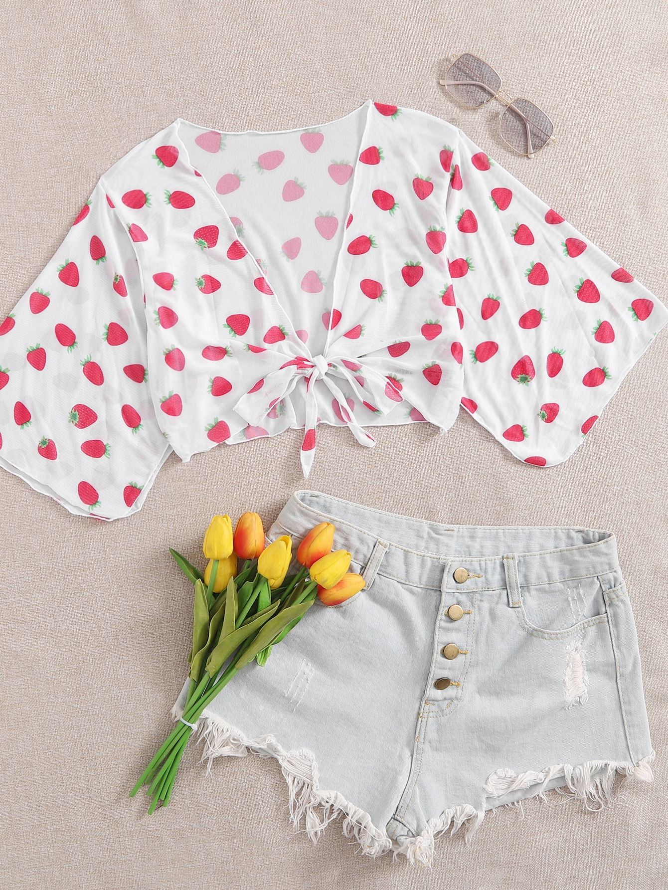 Strawberry Print Knot Front Kimono | SHEIN USA