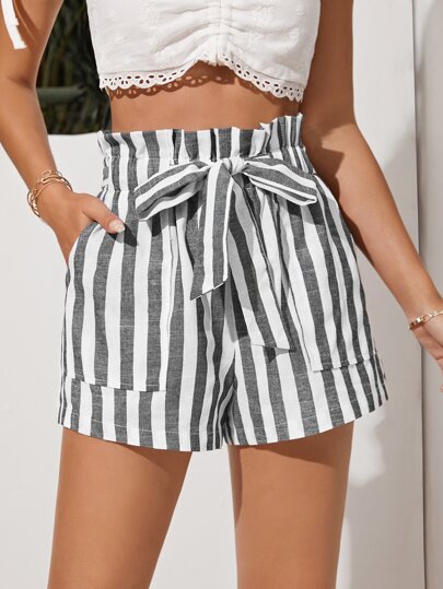 Search Striped Belted Paperbag Shorts Shein Usa