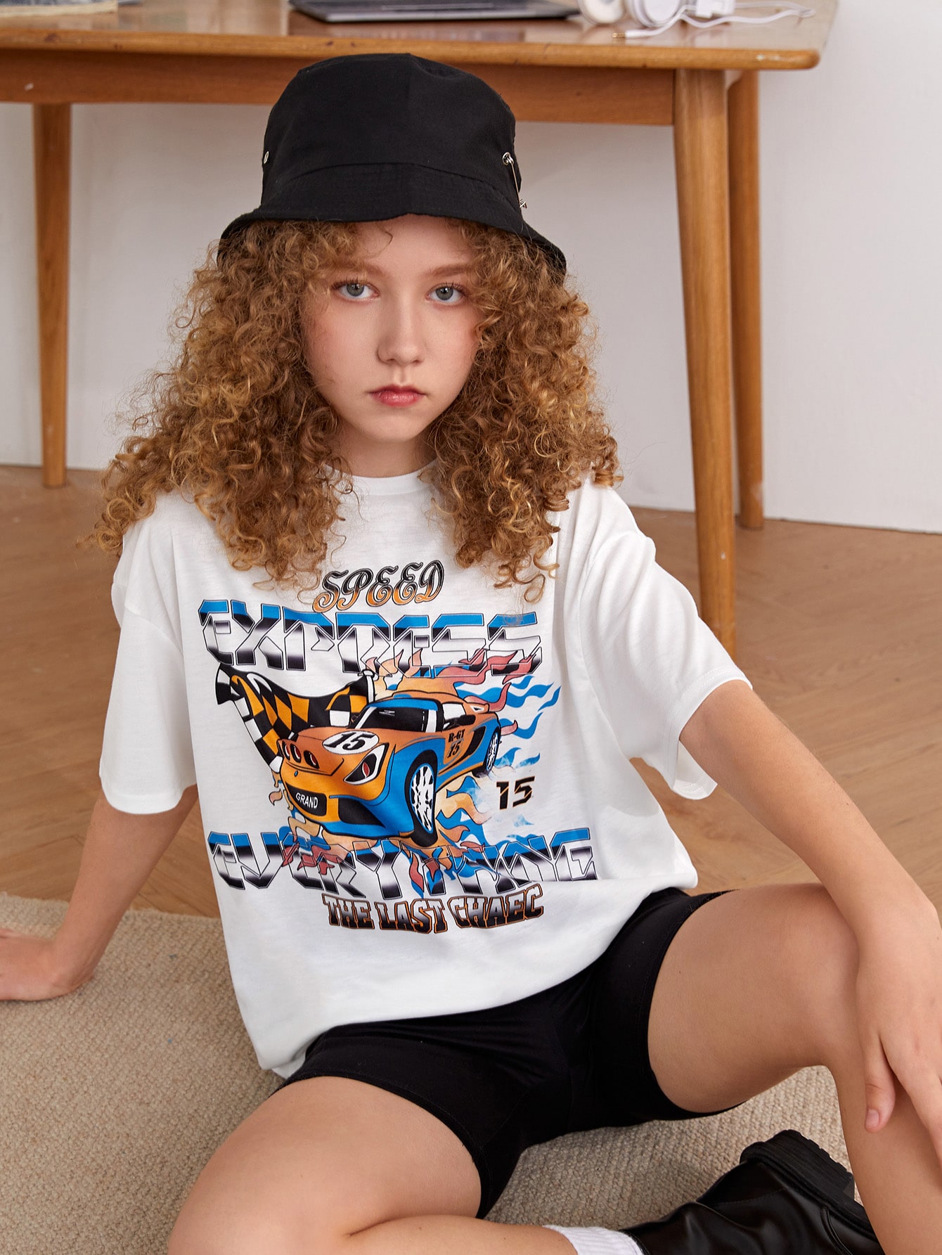 Teen Girls Drop Shoulder Car & Letter Print Tee