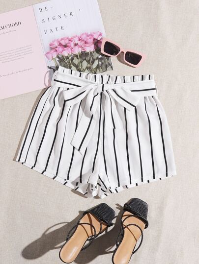 Search Striped Belted Paperbag Shorts Shein Usa