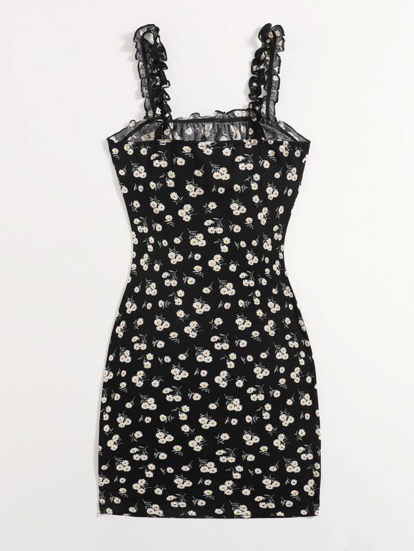 Shein Wywh Frilled Strap Tie Front Ruched Bust Daisy Floral Dress