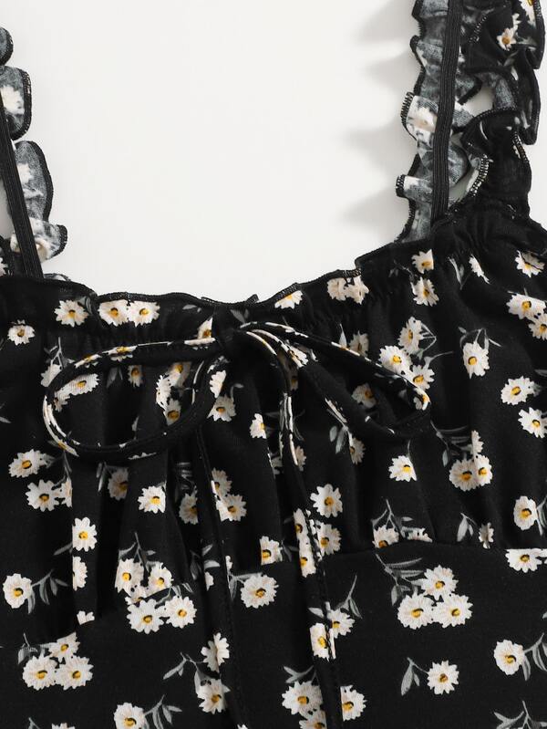 SHEIN WYWH Frilled Strap Tie Front Ruched Bust Daisy Floral Dress ...