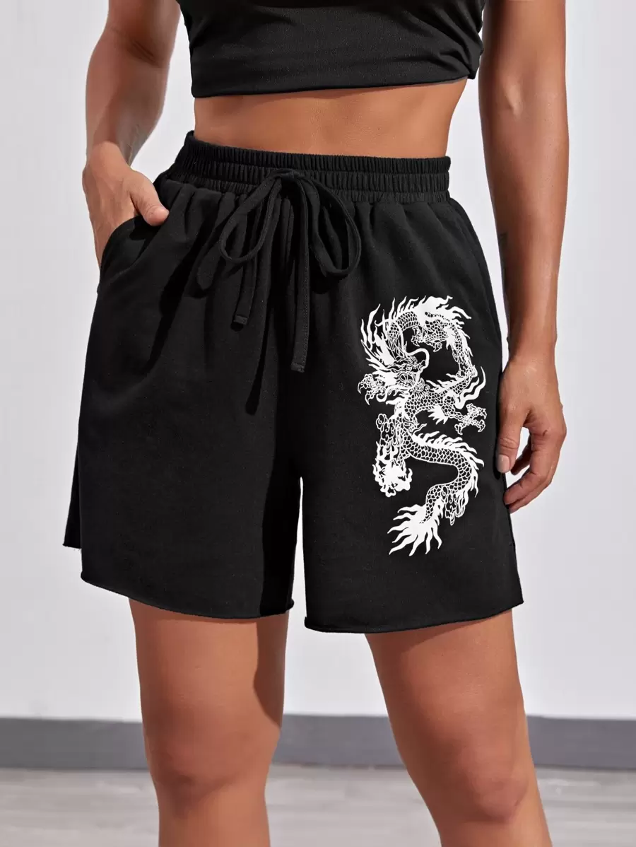 SHEIN EZwear Chinese Dragon Print Slant Pocket Track Shorts | SHEIN USA