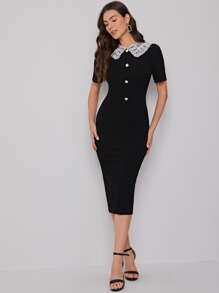 SHEIN Clasi Contrast Lace Button Front Bodycon Dress Workwear | SHEIN USA