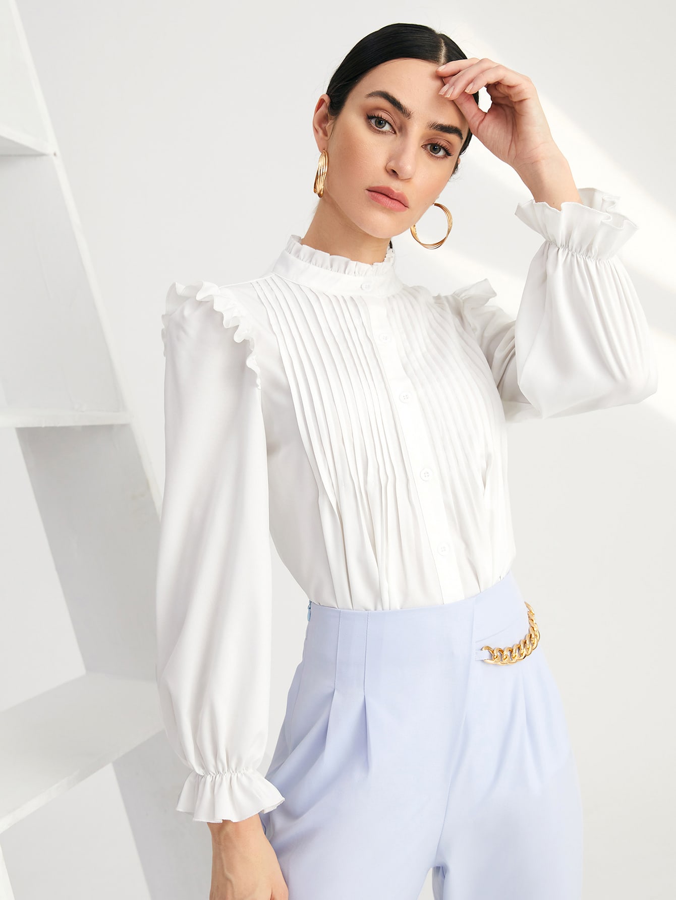 Solid Pleated Ruffle Trim Blouse