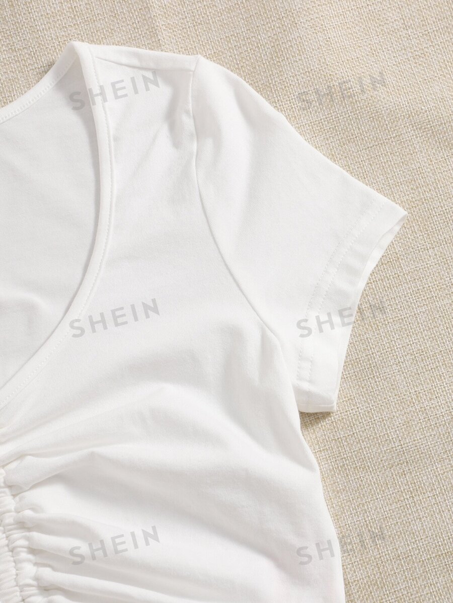 SHEIN EZwear Solid Drawstring Ruched Tee | SHEIN UK