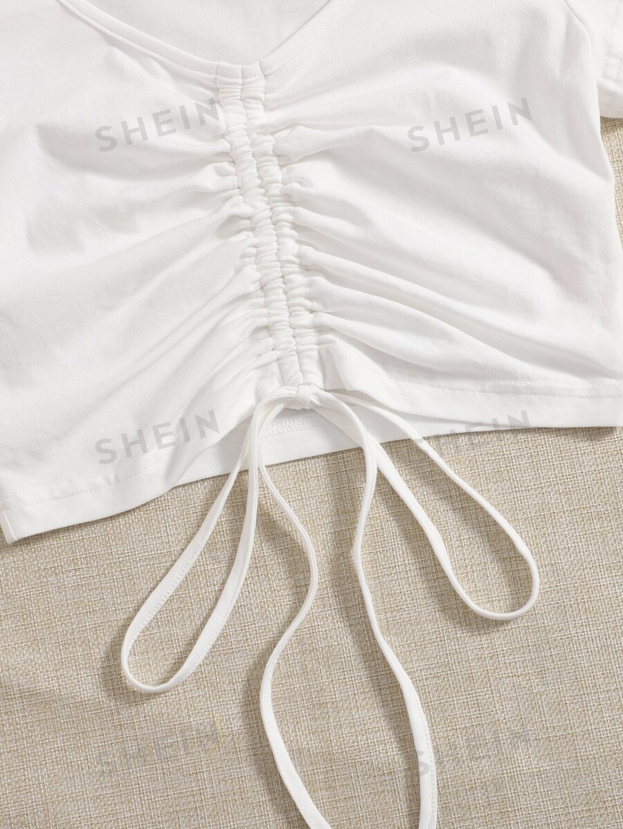 SHEIN EZwear Solid Drawstring Ruched Tee | SHEIN UK