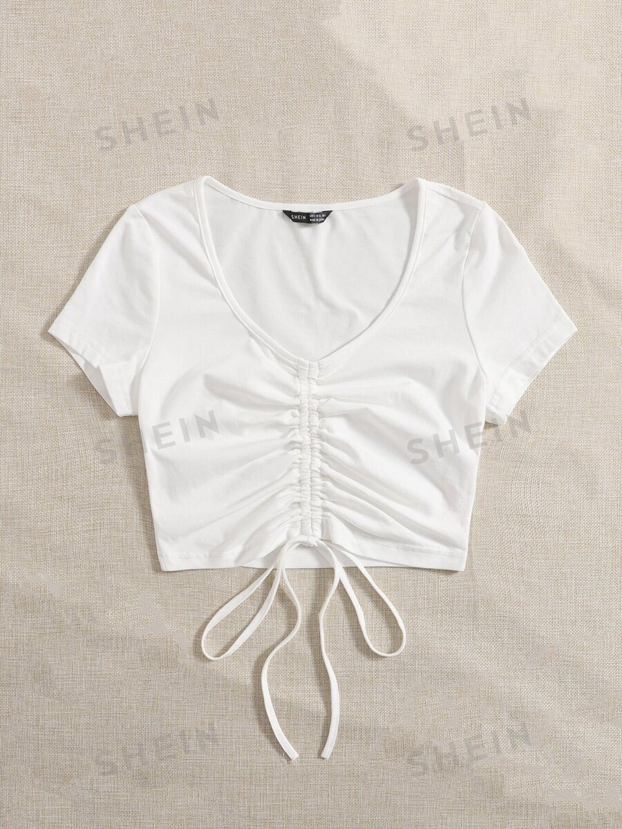 SHEIN EZwear Solid Drawstring Ruched Tee | SHEIN UK
