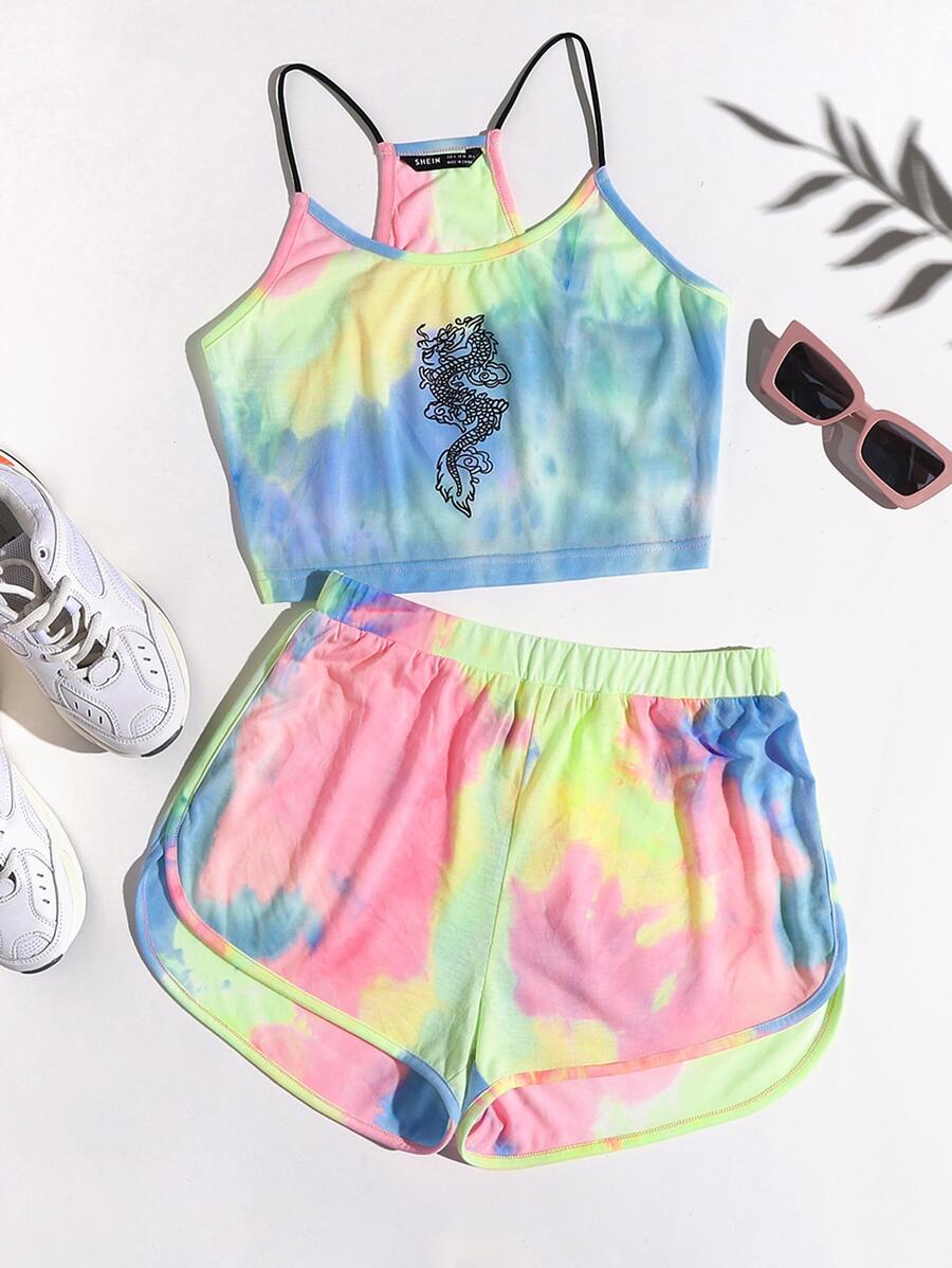 SHEIN EZwear Tie Dye Chinese Dragon Graphic Cami Top & Track Shorts Set ...