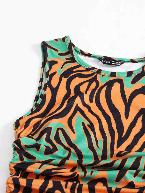Shein Ezwear Ruched Drawstring Side Zebra Striped Bodycon Dress | Shein Usa