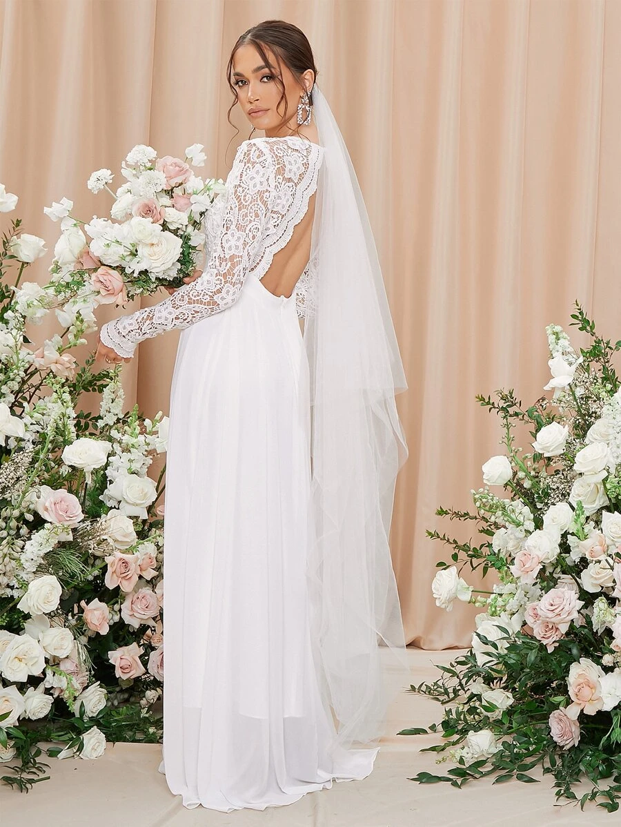 SHEIN Belle Scallop Edge Open Back Wedding Dress | SHEIN USA