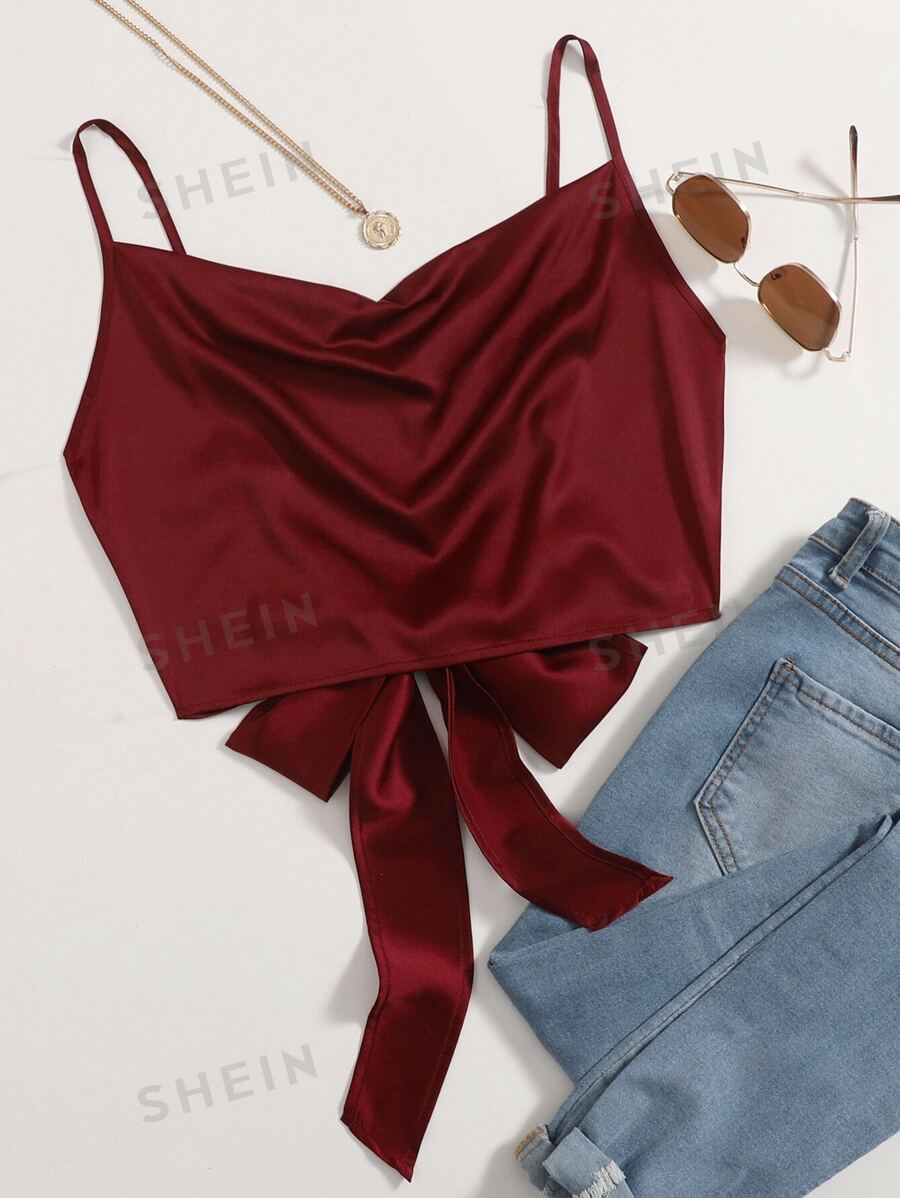 Shein Privé Top De Tirantes Corto De Satén Con Cordón Trasero Moda De