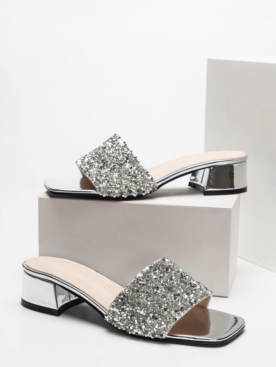Sequin Decor Chunky Mules, Women's Silver Sequined Solid Color Party ...