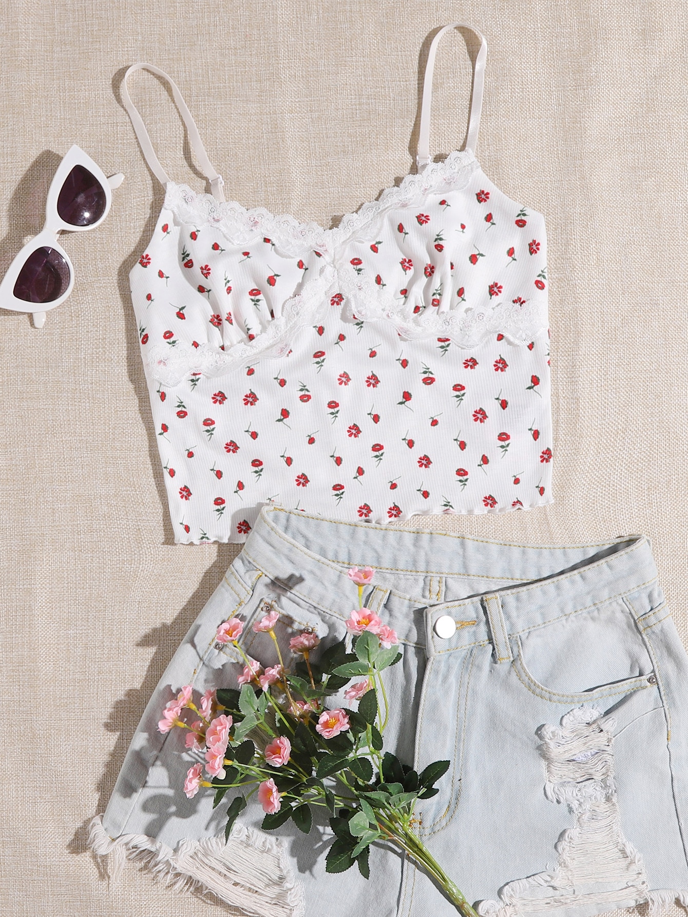 Shein Lace Trim Lettuce Trim Ditsy Floral Cami Top Shein Usa