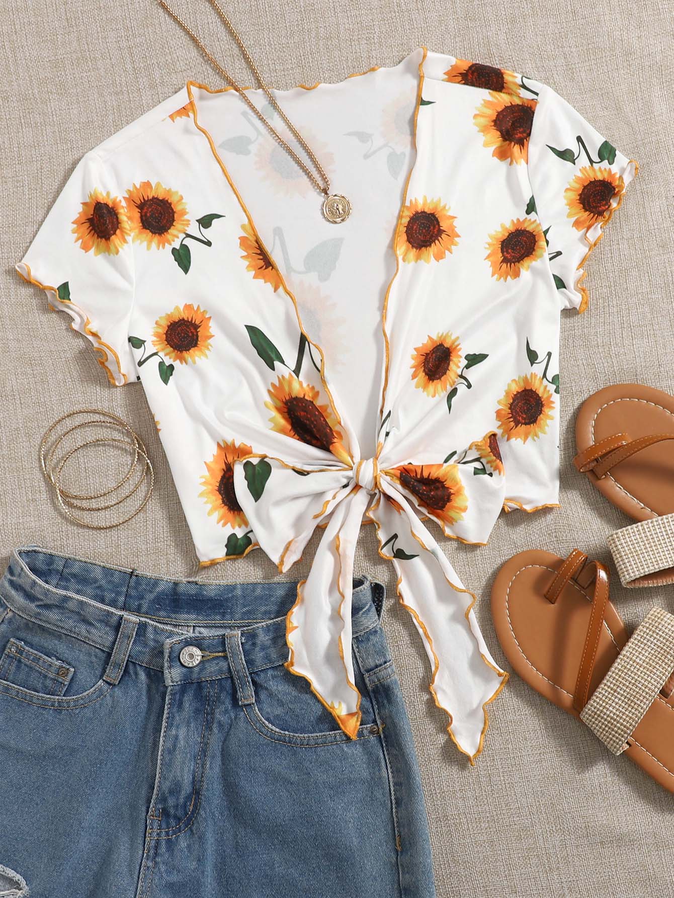 Tie Front Sunflower Print Top