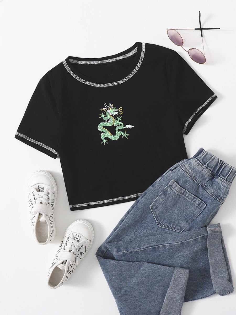 SHEIN Teen Girls Contrast Stitch Chinese Dragon Graphic Top | SHEIN UK