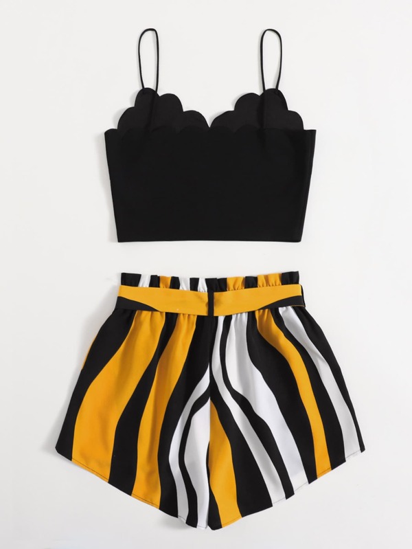 Shein Vcay Scallop Trim Cami Top And Paperbag Waist Striped Shorts Set