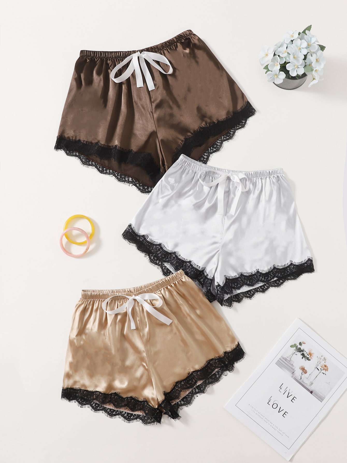3pcs Contrast Lace Bow Satin Night Shorts