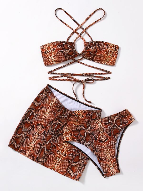 Our 3pack Snakeskin Bikini Swimsuit With Beach Skirt is such a vibe - ROMWE