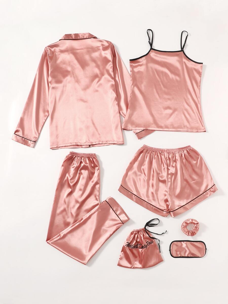 7pcs Contrast Binding Satin PJ Set | SHEIN USA