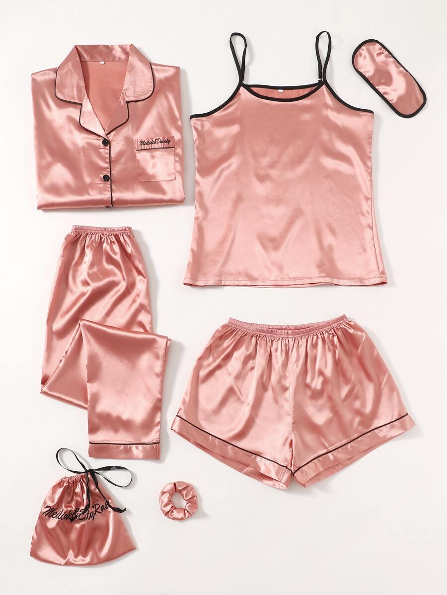7pcs Contrast Binding Satin Pj Set Shein Usa
