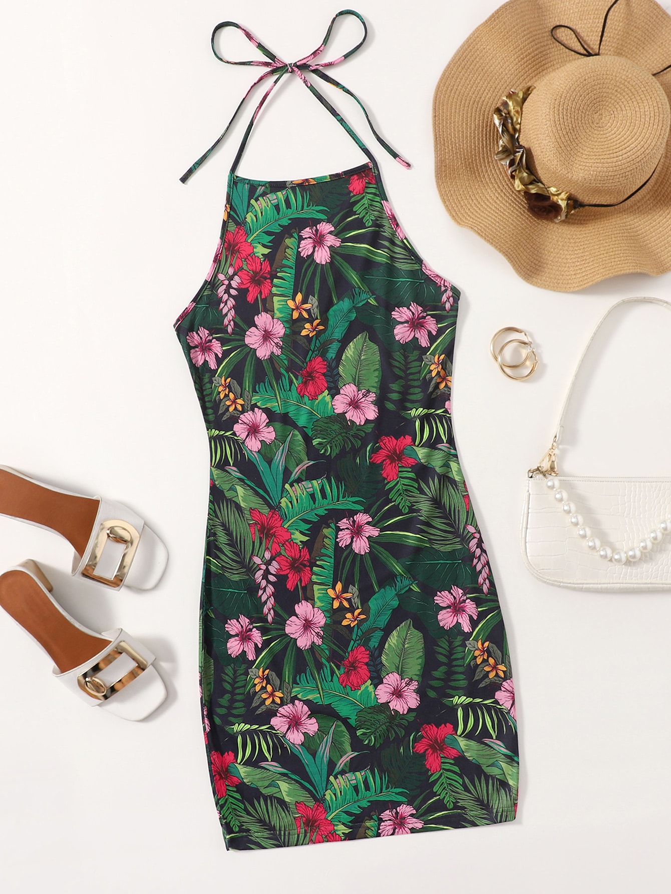 Tropical Print Halter Dress