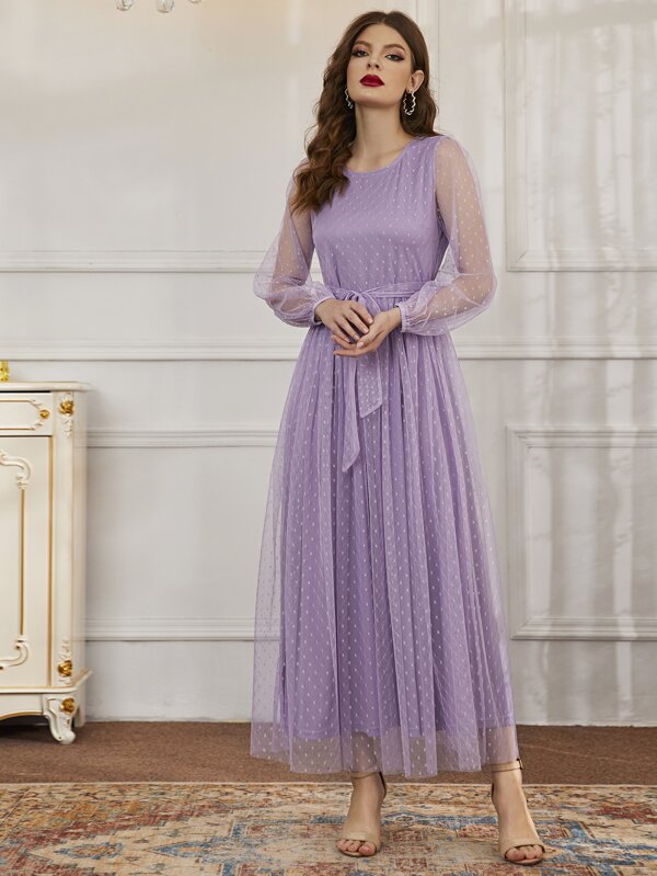 SHEIN Modely Robe longue ceinturée à manches en tulle à pois | Mode en ligne | SHEIN FRANCE