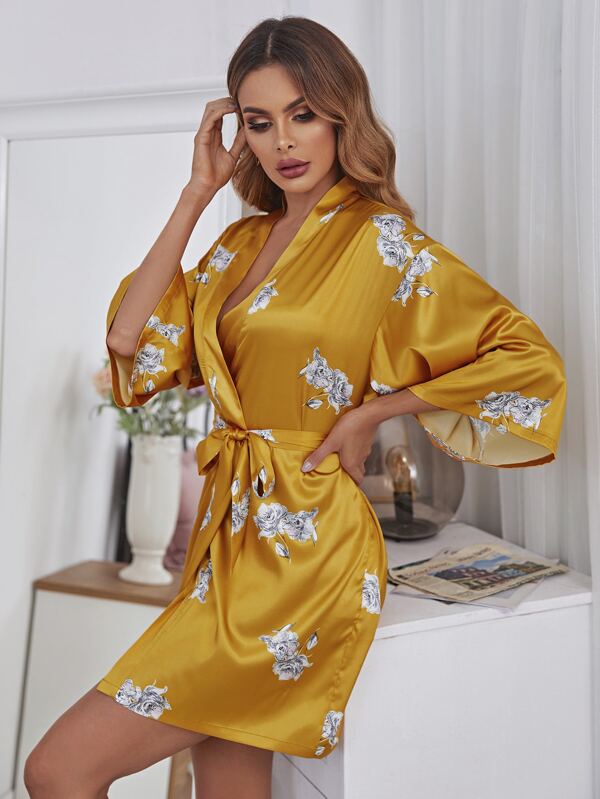 Floral Print Belted Satin Robe | SHEIN USA