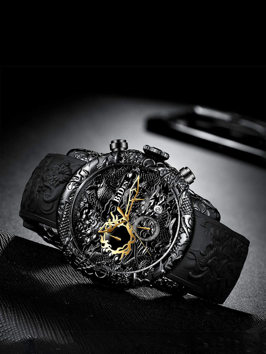 BIDEN Biden Watch Men's Large Dial Watch Chronograph 3D Carved Dragon ...