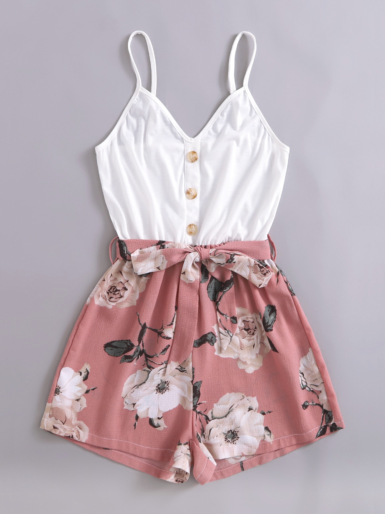 Plus Spliced Floral Belted Cami Romper