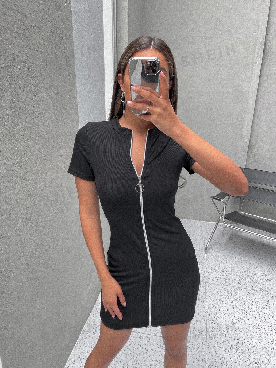 SHEIN EZwear O-ring Zip Up Solid Dress | SHEIN UK