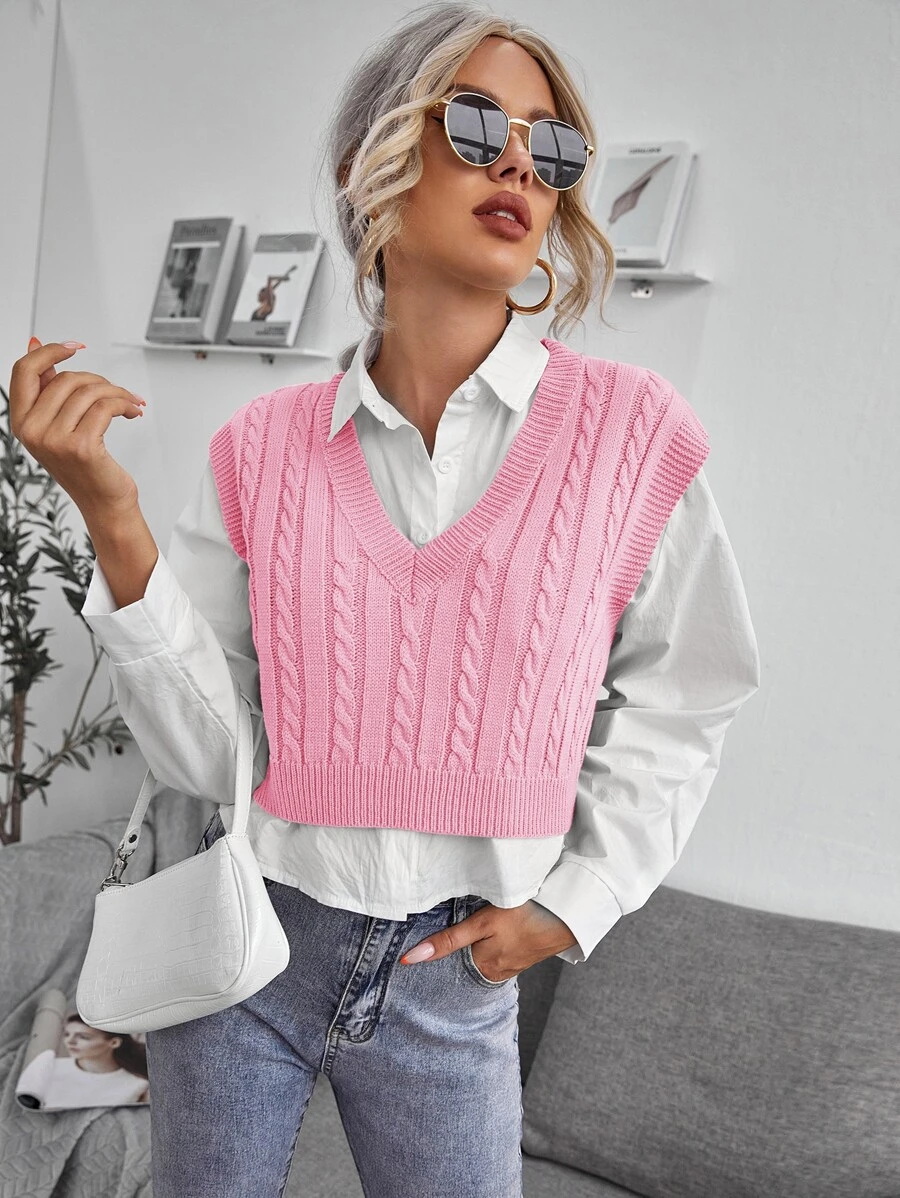 SHEIN Essnce Chaleco jersey de cuello V tejido de cable | Moda de Mujer ...