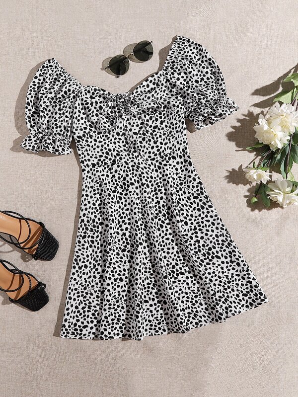 SHEIN WYWH Plus Puff Sleeve Ruched Drawstring Bust Allover Print Dress ...