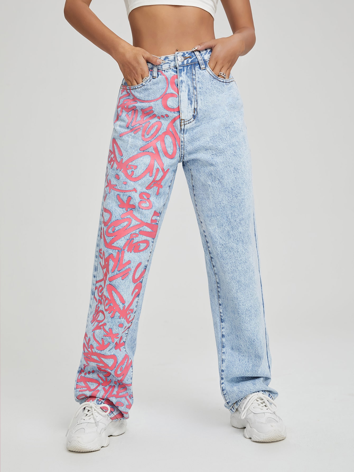 High Waist Letter Graphic Jeans