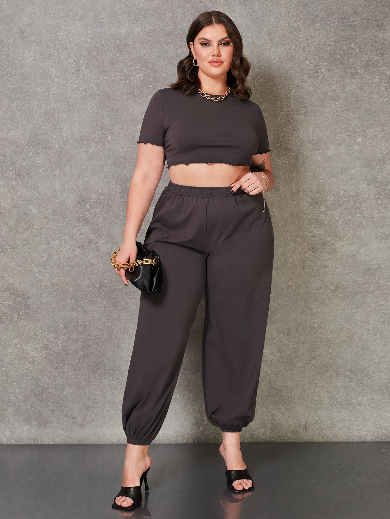 Plus Lettuce Trim Crop Top & Joggers Set