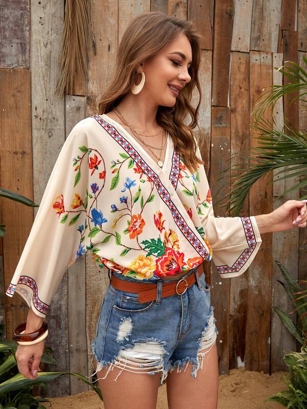 SHEIN VCAY Floral Print Batwing Sleeve Wrap Blouse | SHEIN EUR