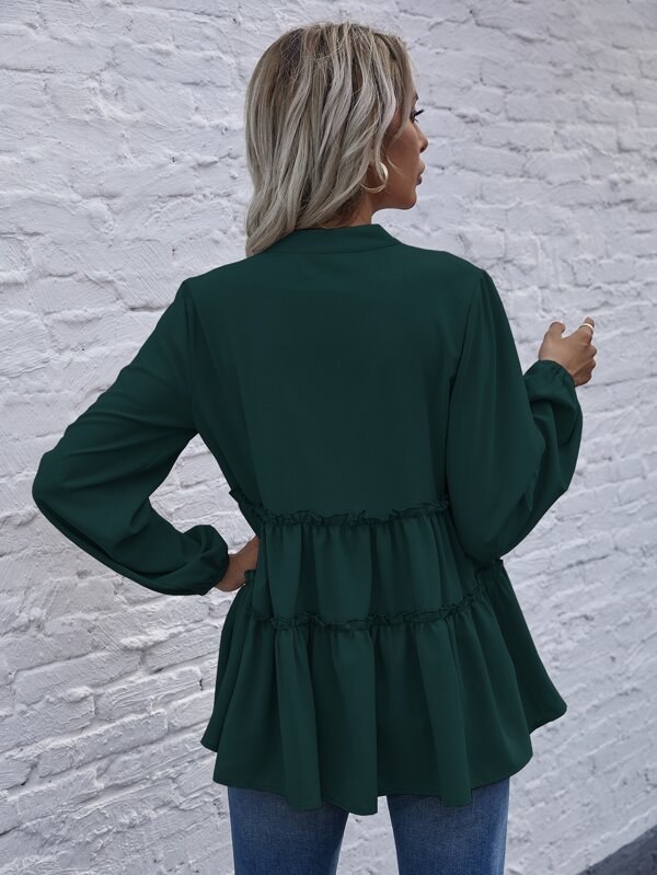 Shein Lune Solid Notched Neck Frill Ruffle Hem Blouse Shein Uk