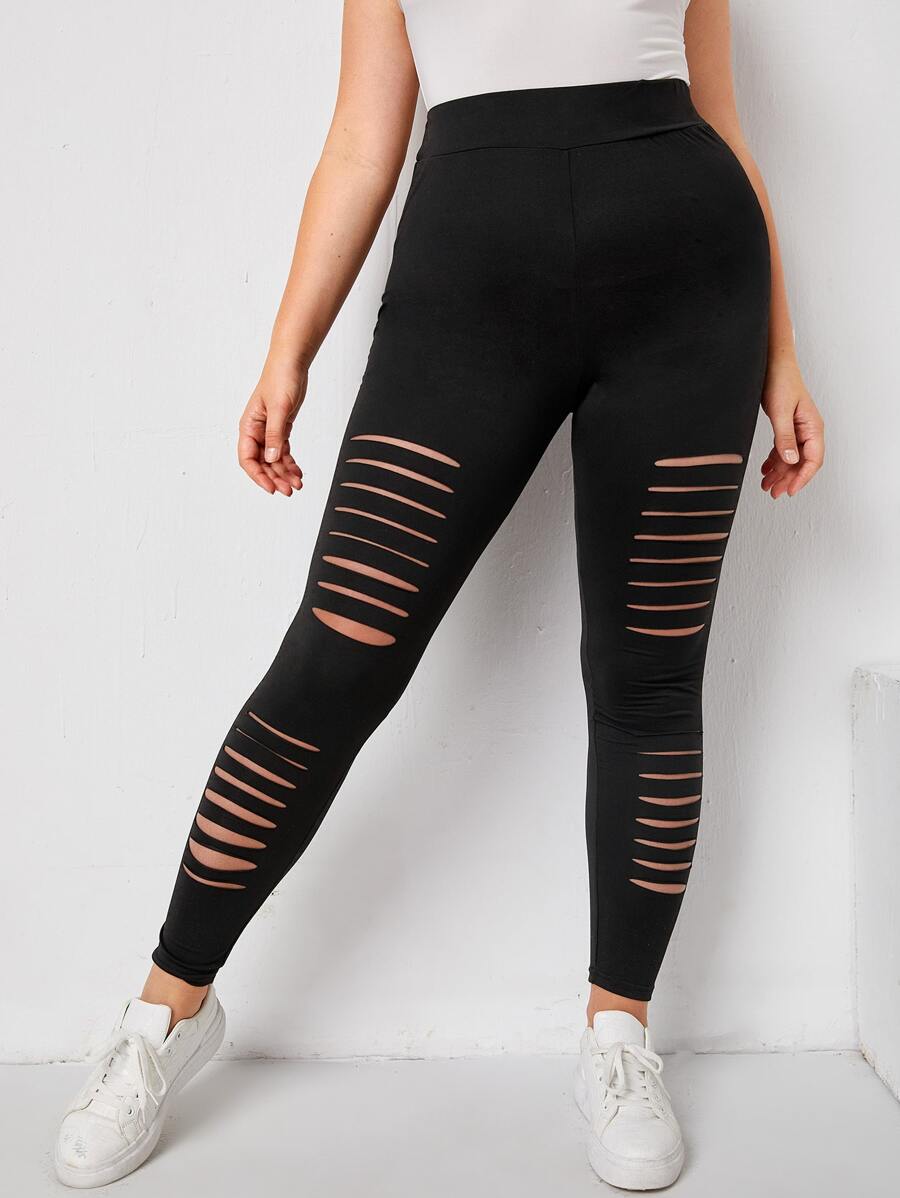 SHEIN Mulvari Plus Ladder Ripped High Waisted Leggings | SHEIN USA