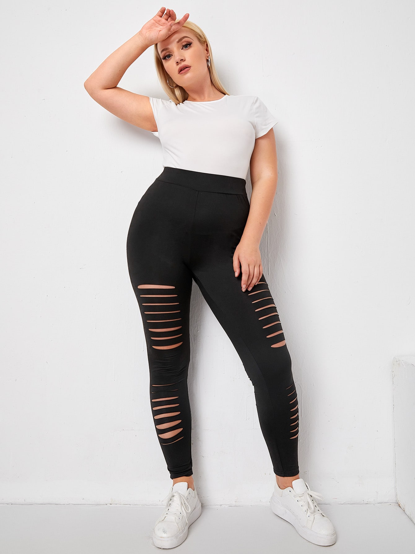 SHEIN Mulvari Plus Ladder Ripped High Waisted Leggings | SHEIN USA