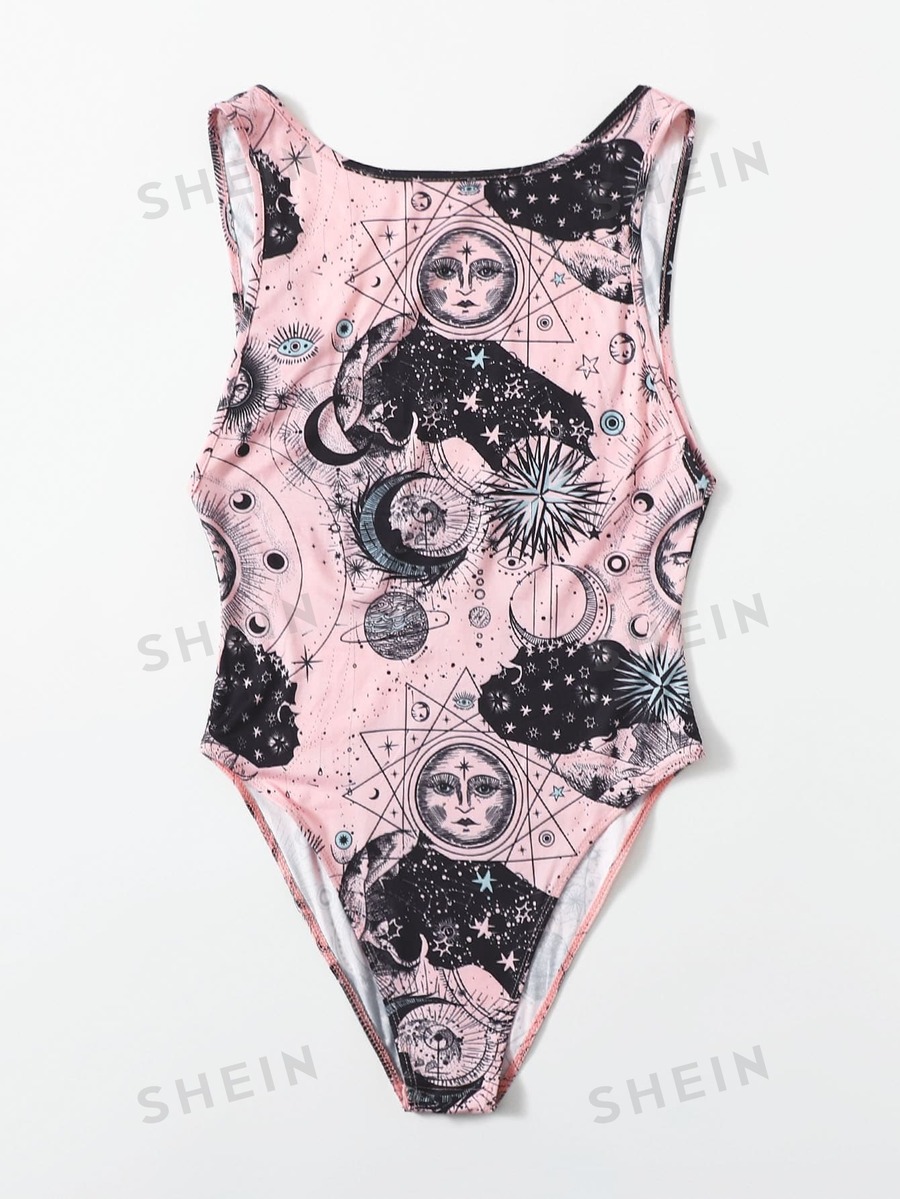 SHEIN EZwear Sun & Planet Print High Cut Bodysuit | SHEIN UK