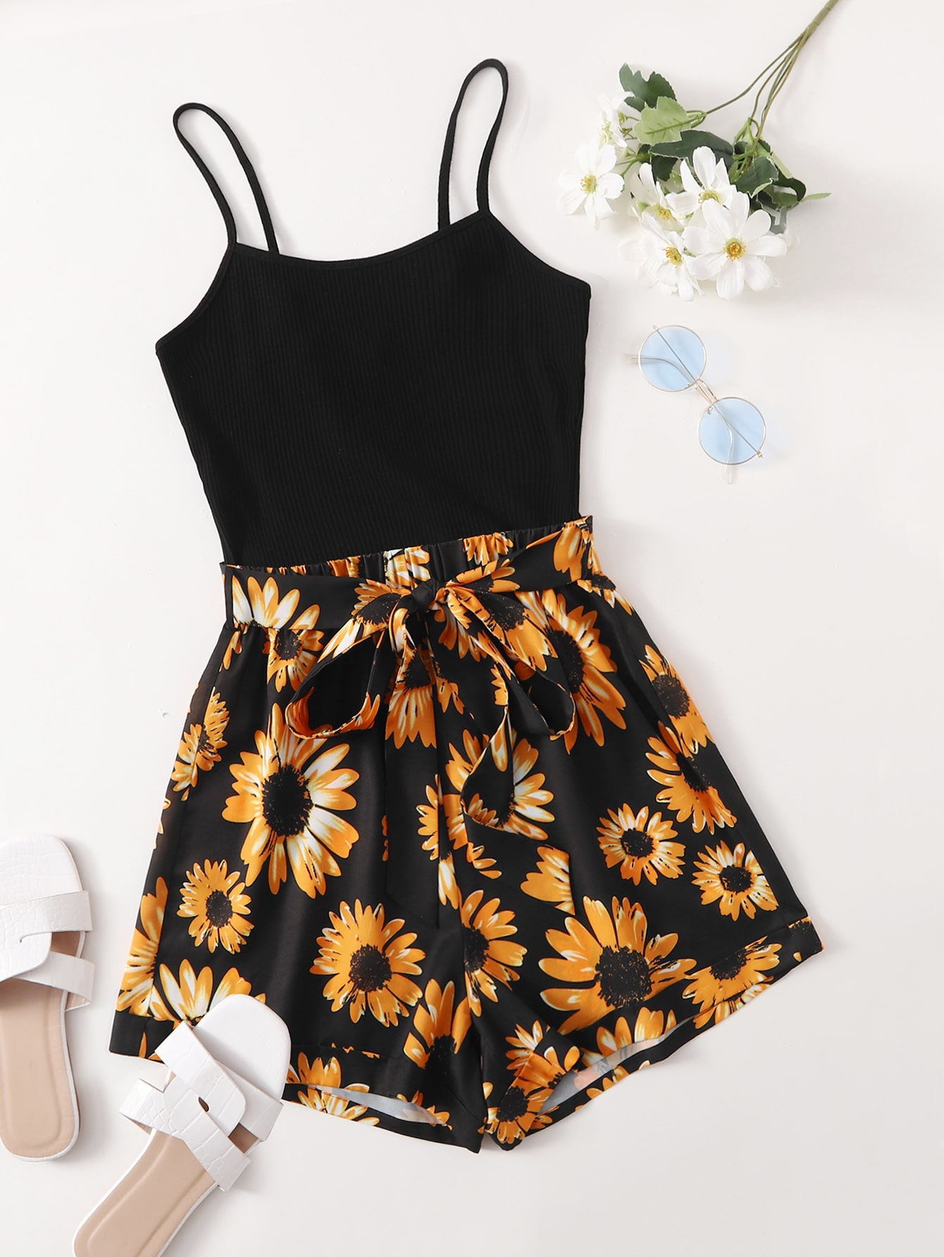 Self Belted Sunflower Print Cami Romper