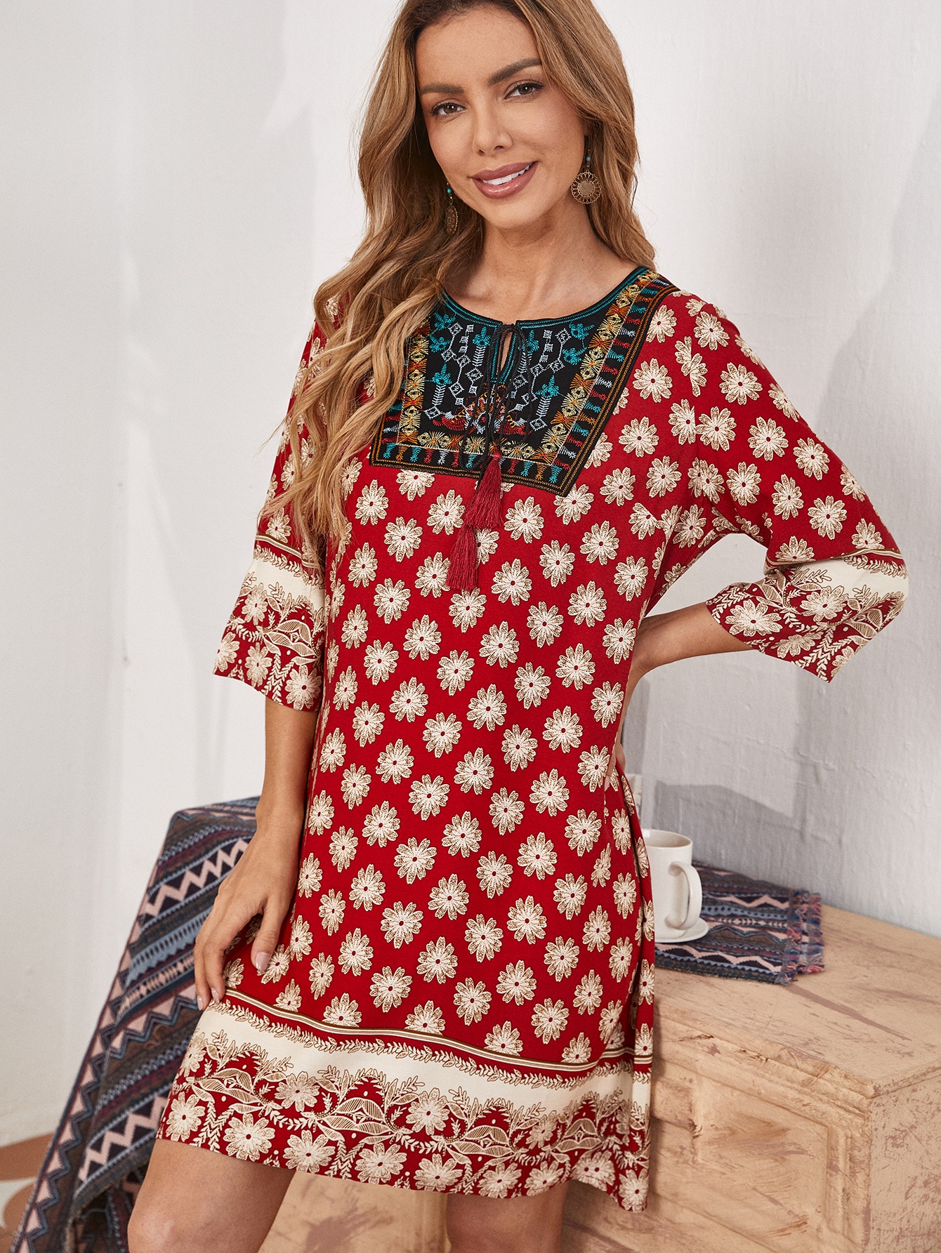 Tassel Tie Neck Embroidered Yoke Dress