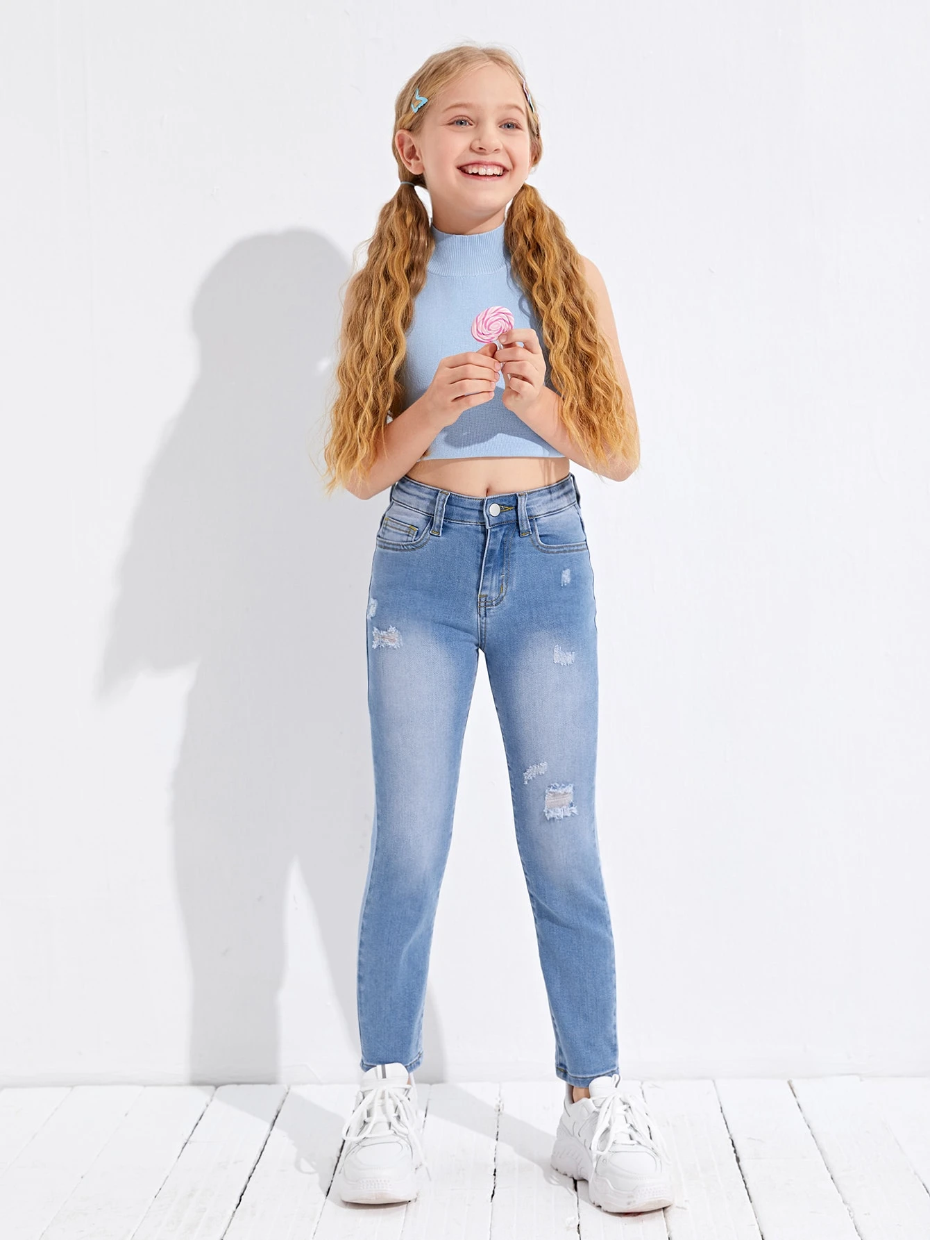 Tween Girl Ripped Raw Wash Skinny Jeans | SHEIN USA