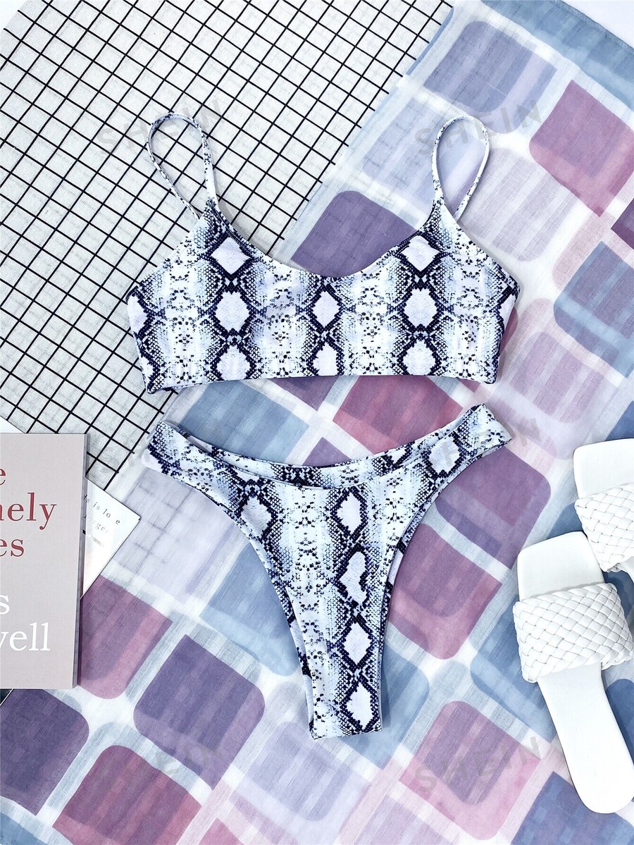 SHEIN Swim Summer Beach Snakeskin Print Bikini Set Wireless Bra Top ...